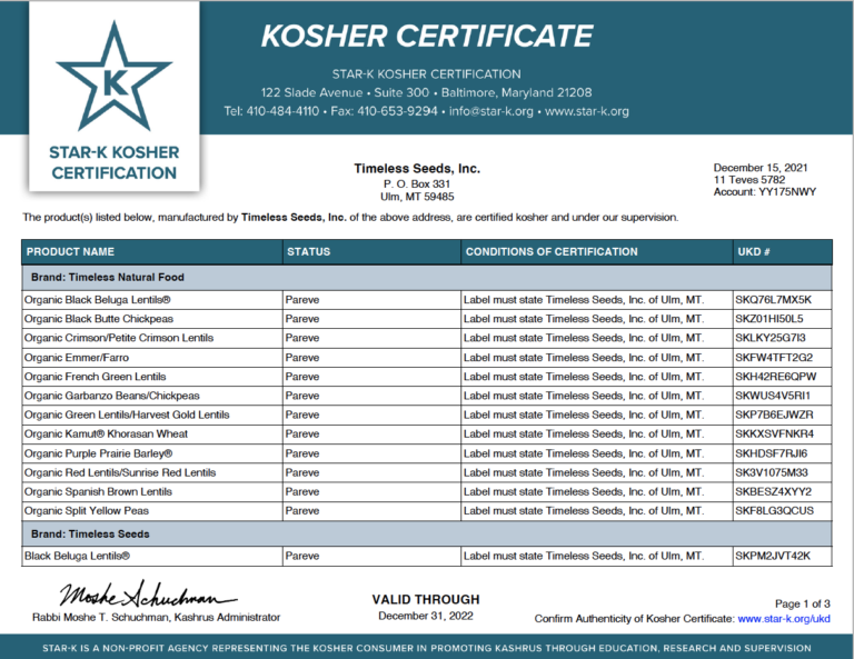 Kosher Certificate - Timeless Natural Food